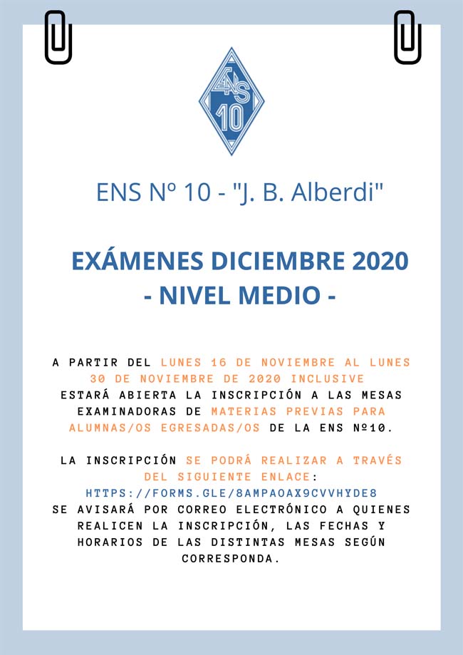 Mesas de examen – Escuela Normal Superior N° 10 "Juan Bautista Alberdi"